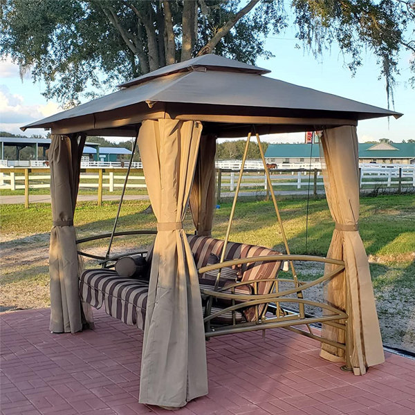 Purple Leaf 3 Person Outdoor Patio Porch Swing Gazebo With Netting & Gazebo Curtains With Canopy ...